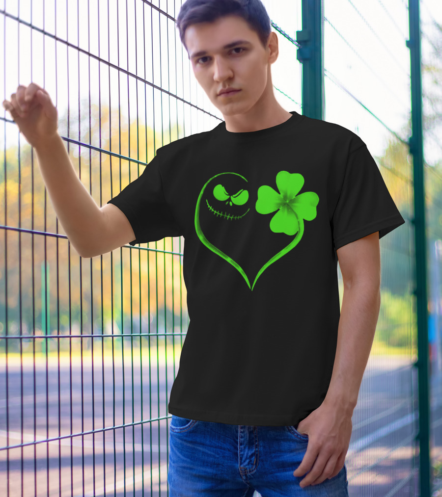 Jack Skellington Heart With Shamrock For St. Patrick's Day T-Shirt