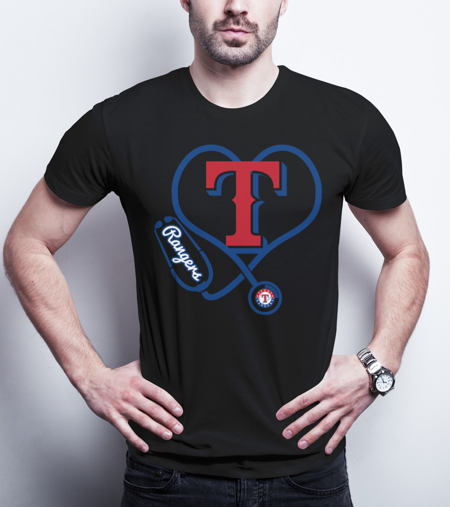 Nurse Heartbeat Texas Rangers Fans T Logo Stethoscope T-Shirt