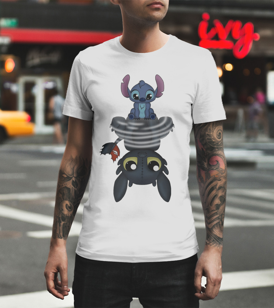 Stitch Sitting On Toothless Animation Crossover T-Shirt