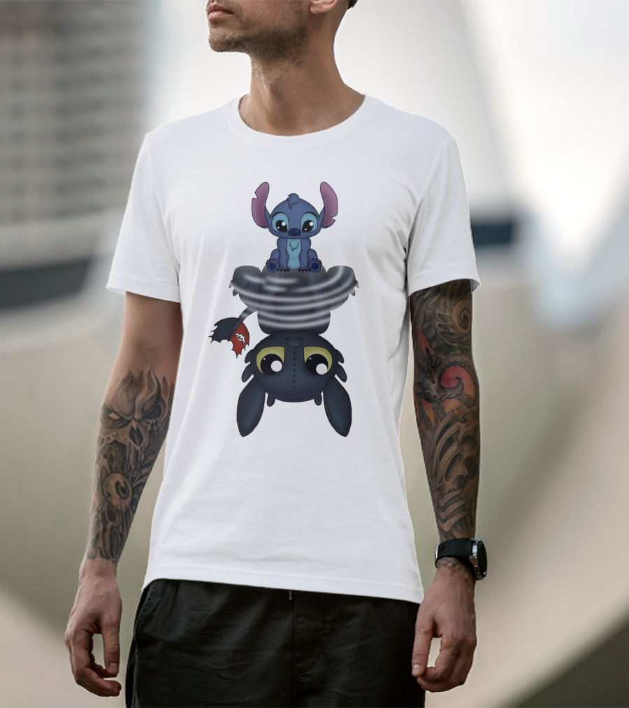 Stitch Sitting On Toothless Animation Crossover T-Shirt