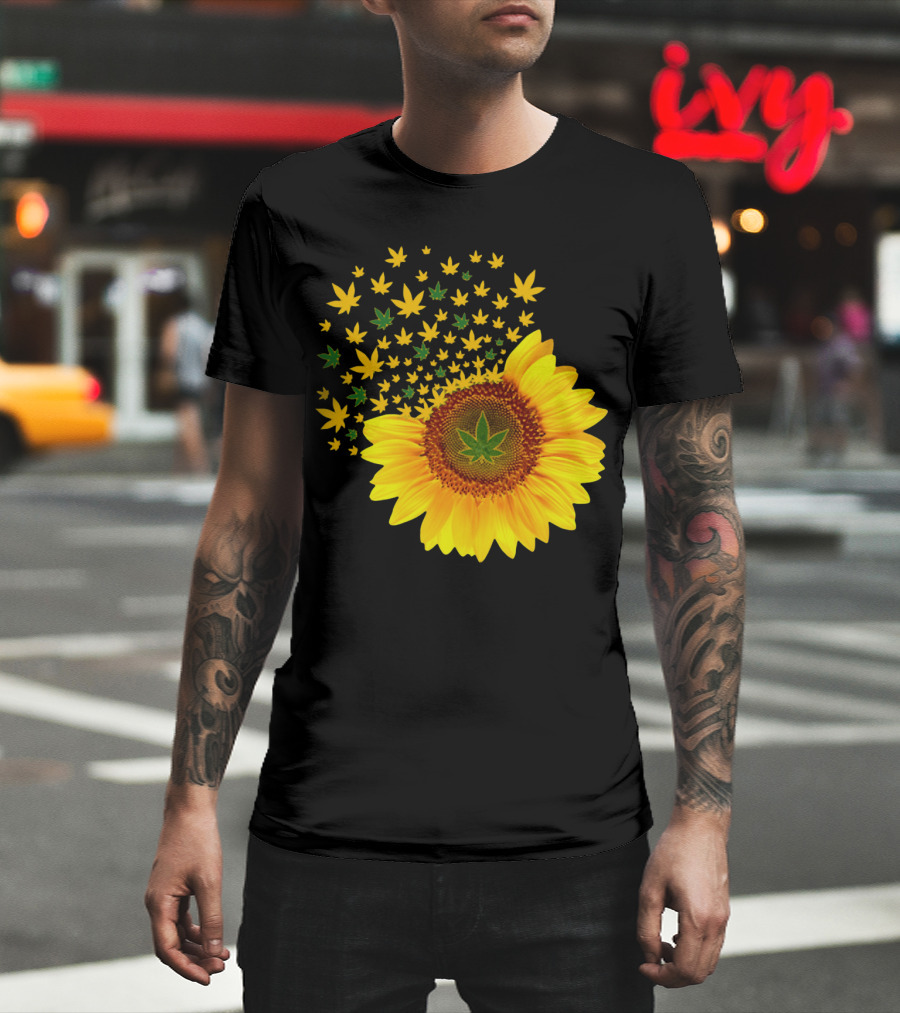 Sunflower With Dispersing Yellow And Green Weed Leaves T-Shirt