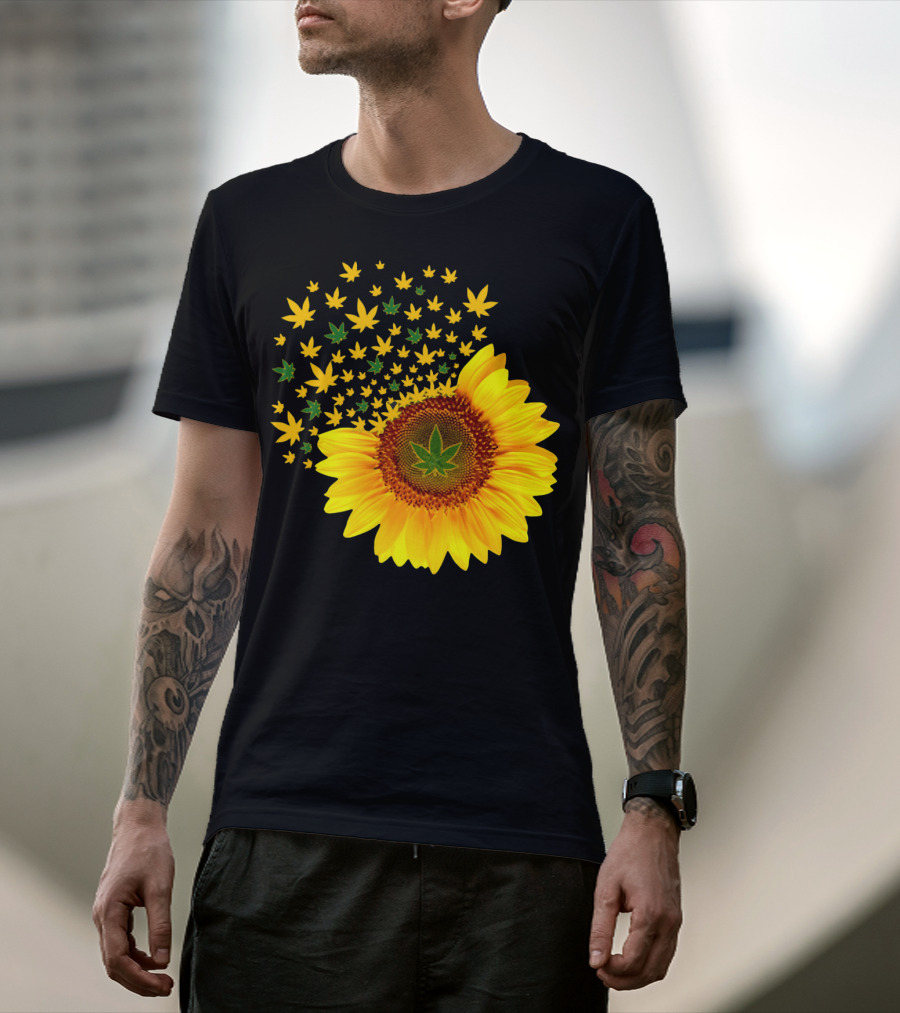Sunflower With Dispersing Yellow And Green Weed Leaves T-Shirt