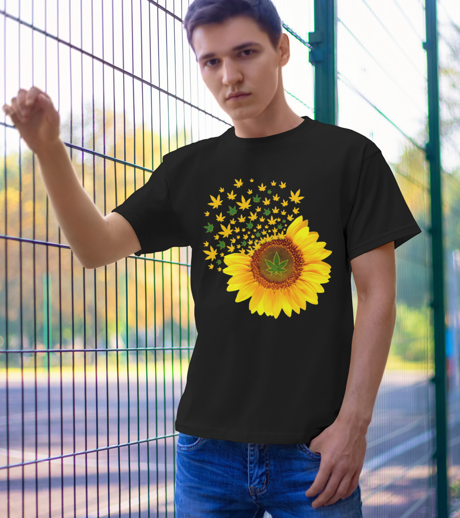 Sunflower With Dispersing Yellow And Green Weed Leaves T-Shirt