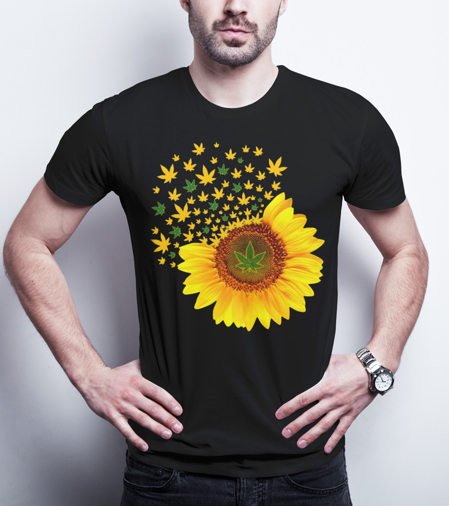 Sunflower With Dispersing Yellow And Green Weed Leaves T-Shirt