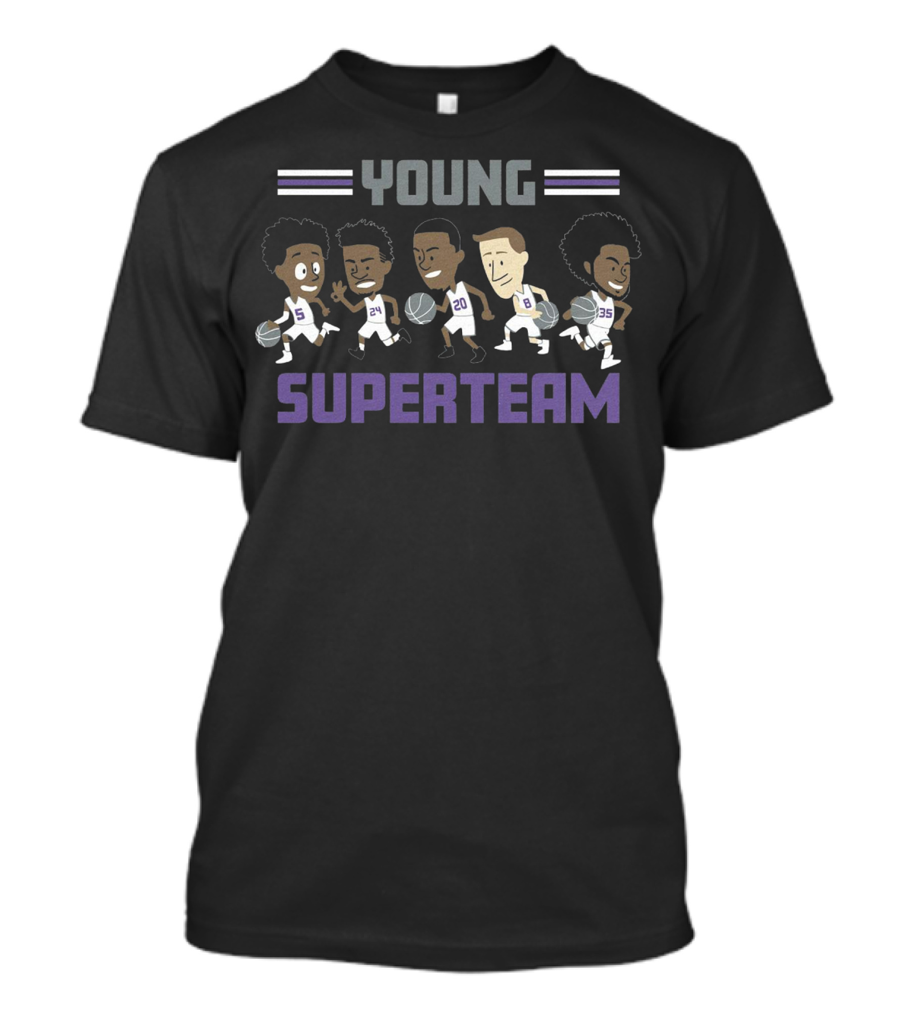 Young Superteam Cartoon Basketball Players With Numbers 5 24 20 8 35 T-Shirt