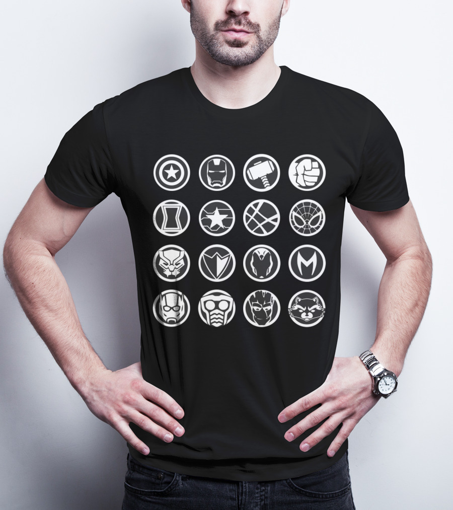 Avengers Infinity War Heroes Icon Captain America Iron Man Thor Hulk Black Widow Star Lord Spider-Man Black Panther Vision Doctor Strange Ant-Man Groot Rocket Raccoon T-Shirt