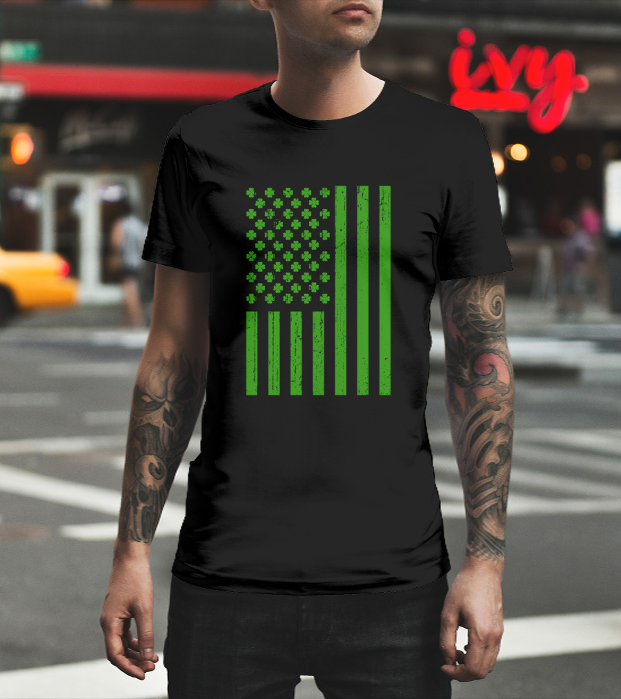 Happy St. Patrick's Day Shamrock American Flag Irish T-Shirt