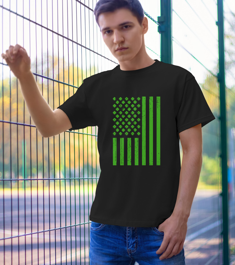 Happy St. Patrick's Day Shamrock American Flag Irish T-Shirt