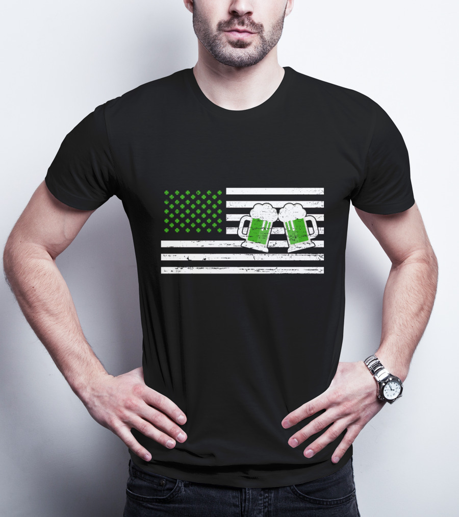 Happy Patrick's Day American Flag With Green Shamrocks And Beer Mugs T-Shirt