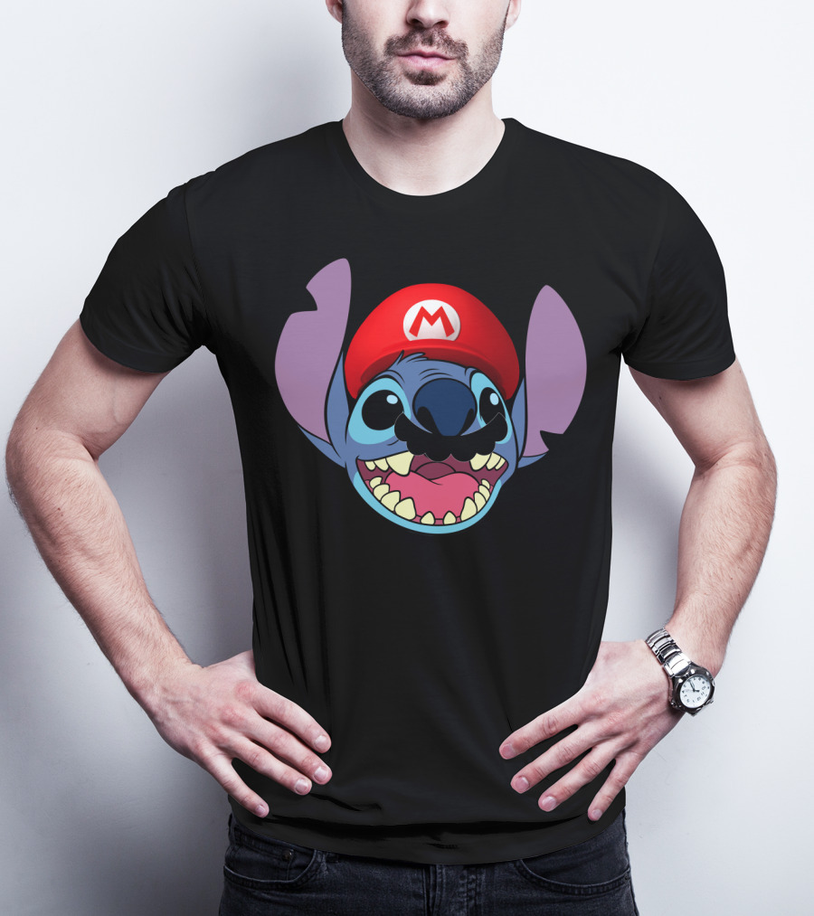 Stitch Wearing Mario Hat And Mustache Cartoon Crossover T-Shirt