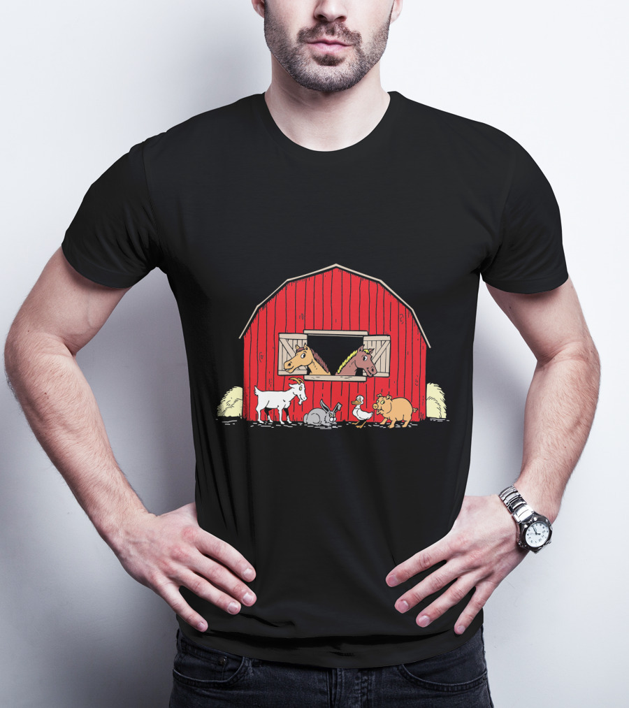 Barnyard Animals Red Barn Horses Pig Goat Duck Scene T-Shirt