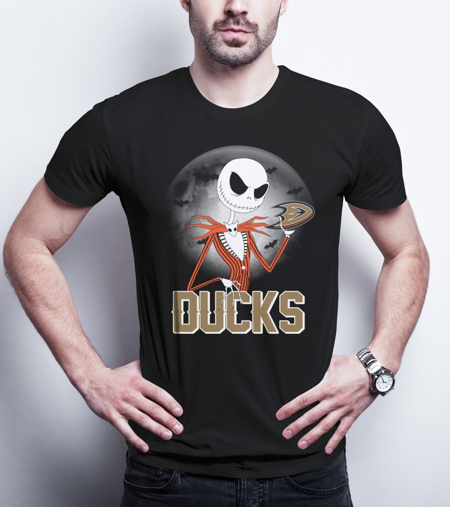 Jack Skellington Anaheim Ducks Halloween Moon And Bats T-Shirt