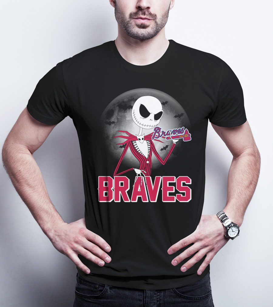 Jack Skellington Braves Halloween With Atlanta Baseball Moon And Bats T-Shirt