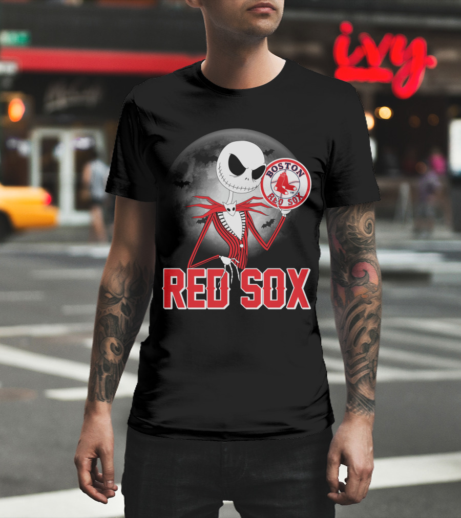 Jack Skellington Holding Boston Red Sox Logo With Halloween Moon Background T-Shirt