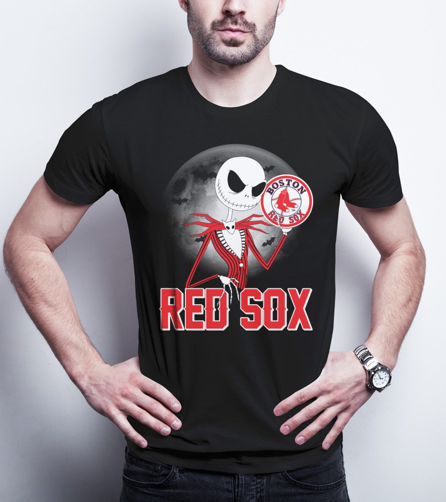 Jack Skellington Holding Boston Red Sox Logo With Halloween Moon Background T-Shirt