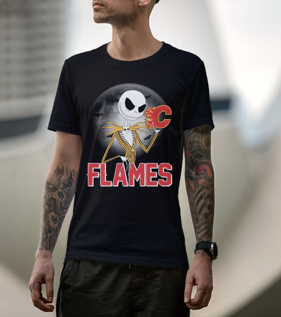 Jack Skellington Flames Halloween Calgary Hockey Crossover T-Shirt