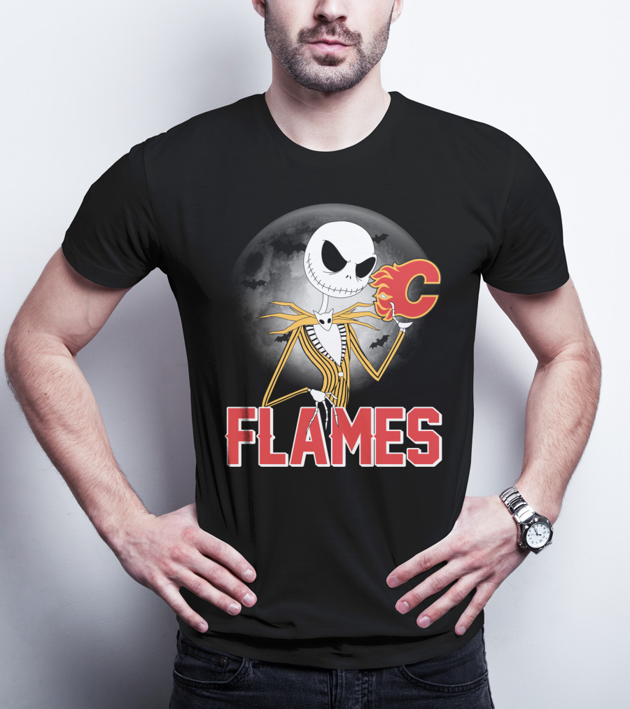 Jack Skellington Flames Halloween Calgary Hockey Crossover T-Shirt
