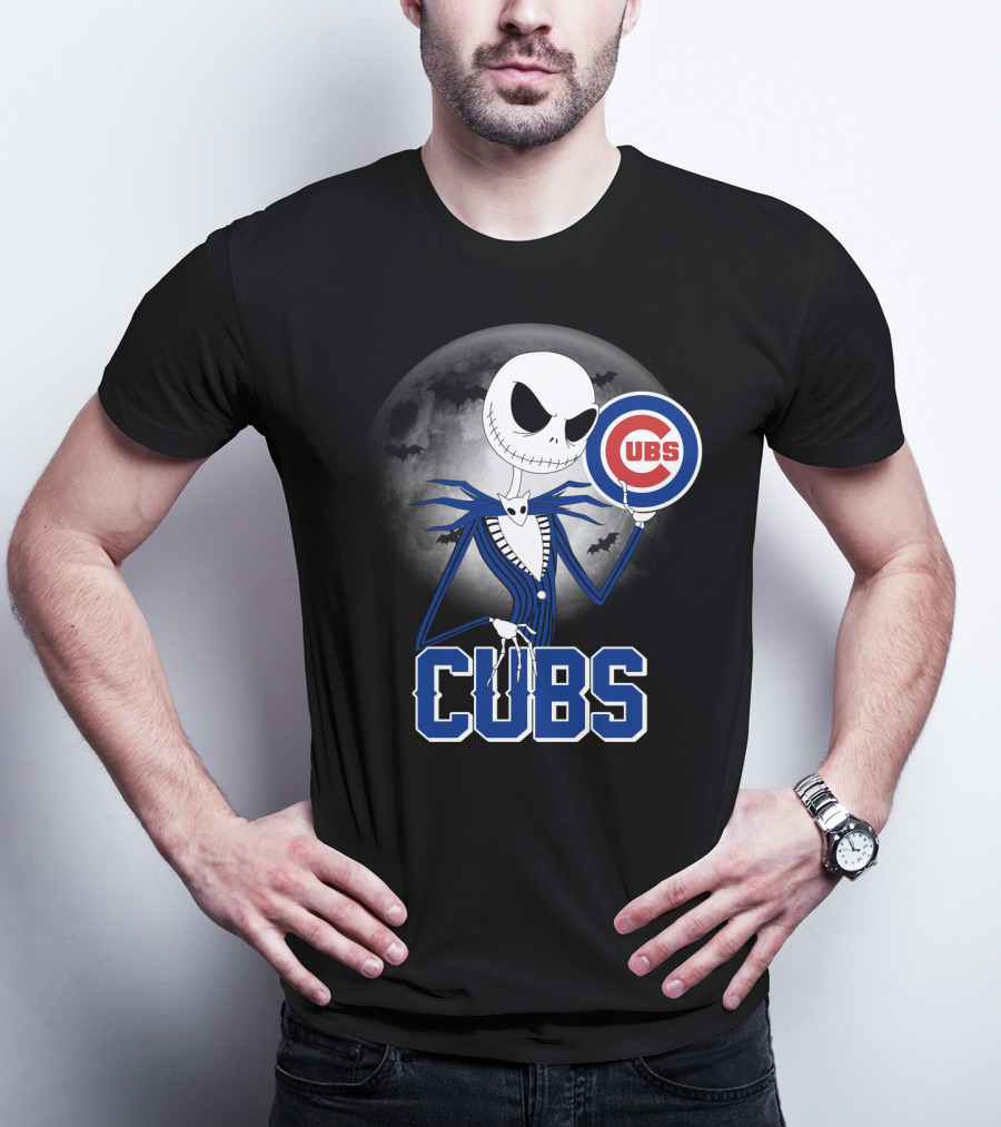Jack Skellington Halloween Cubs Logo Fans With Full Moon And Bats T-Shirt