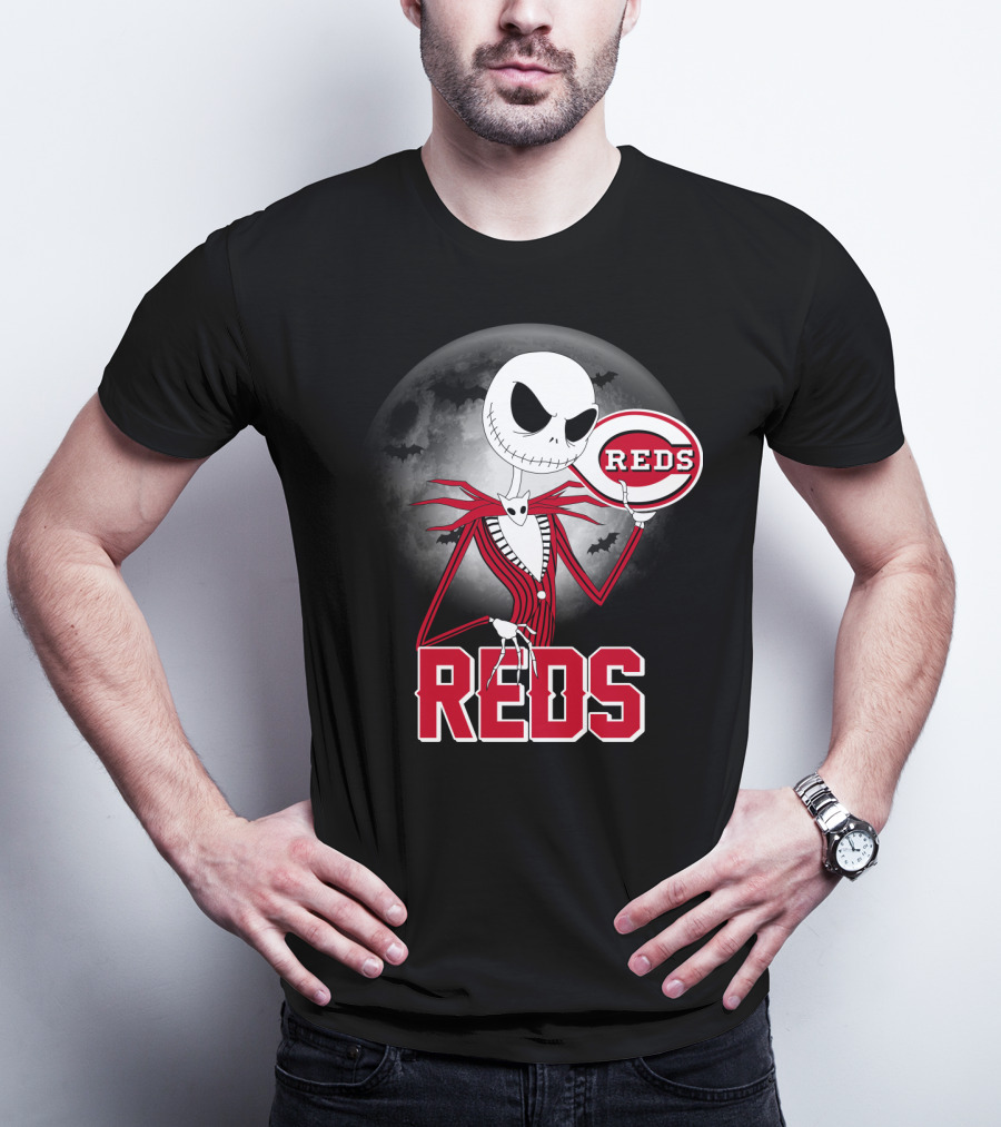 Jack Skellington With Cincinnati Reds Logo Halloween T-Shirt