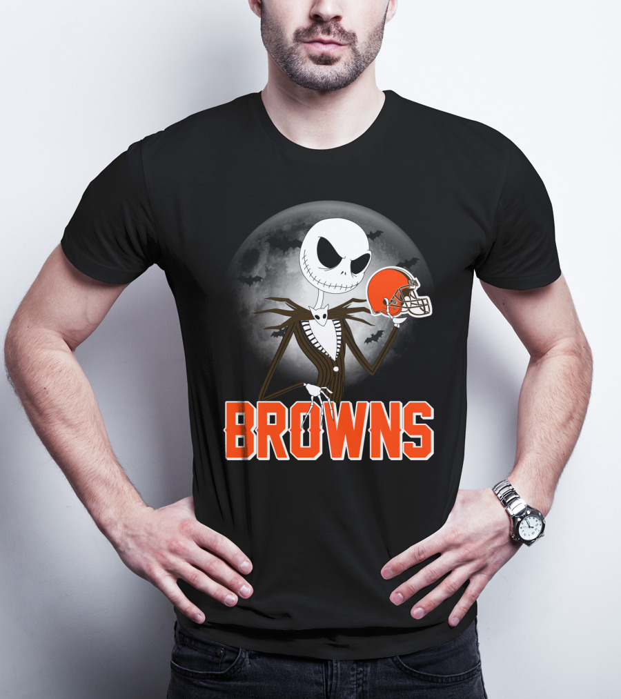Jack Skellington Holding Cleveland Browns Helmet Halloween Moon T-Shirt