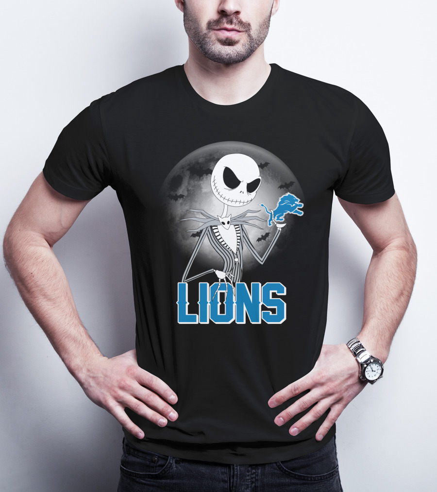 Jack Skellington Detroit Lions Halloween Night Full Moon Bats T-Shirt