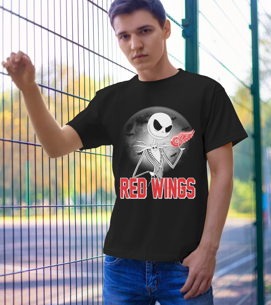 Jack Skellington Holding Detroit Red Wings Symbol In Halloween Moonlit Scene T-Shirt
