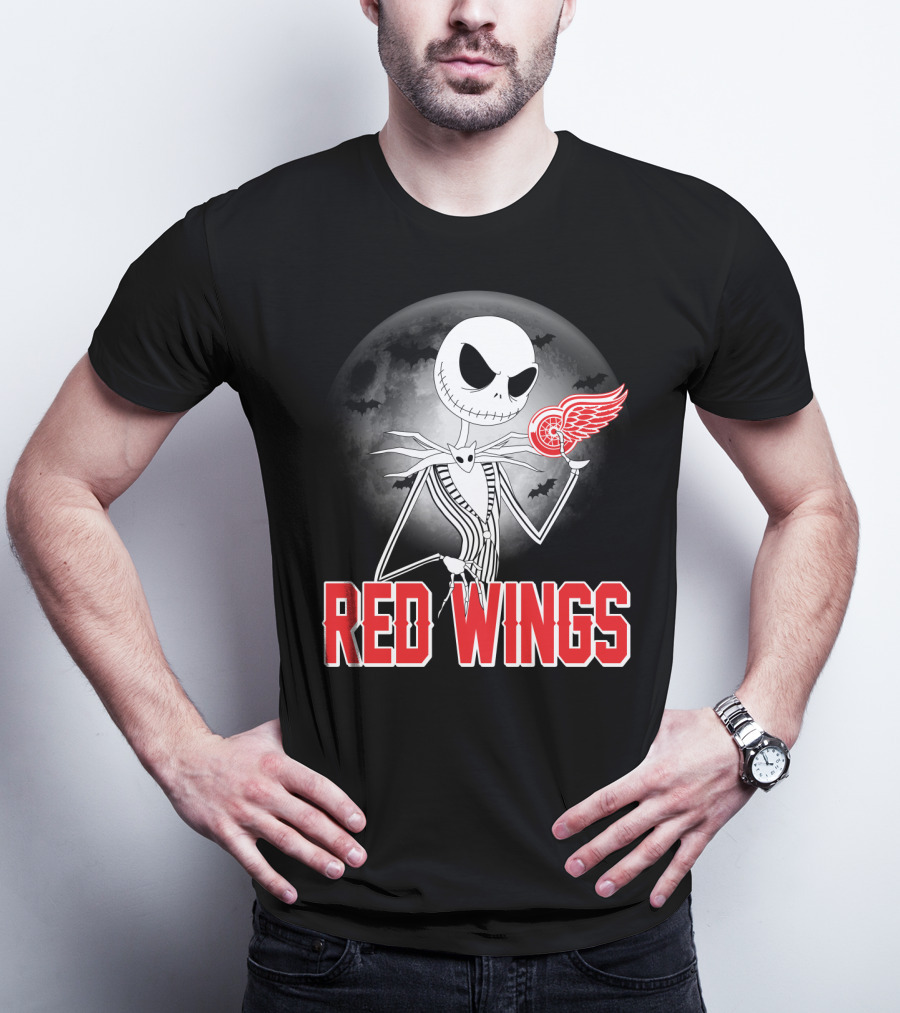 Jack Skellington Holding Detroit Red Wings Symbol In Halloween Moonlit Scene T-Shirt