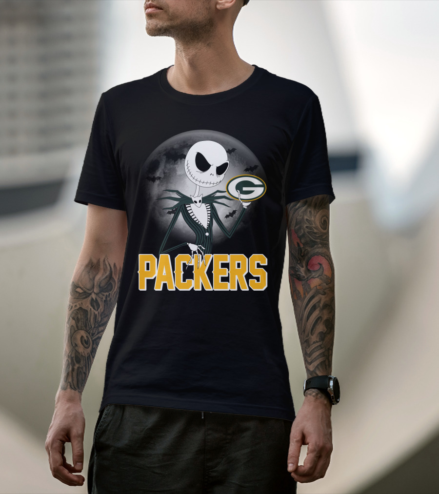 Jack Skellington Green Bay Packers Halloween Moon Bats T-Shirt