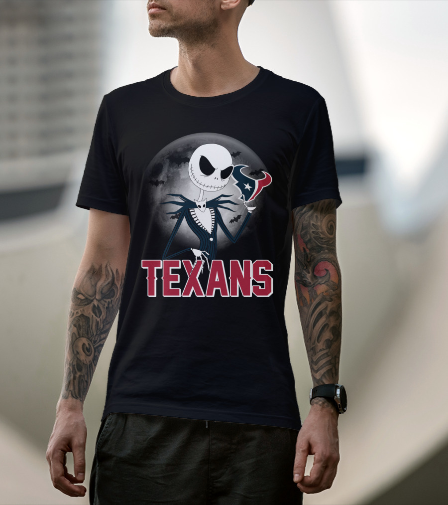 Jack Skellington Holding Houston Texans Logo With Moon And Bats T-Shirt