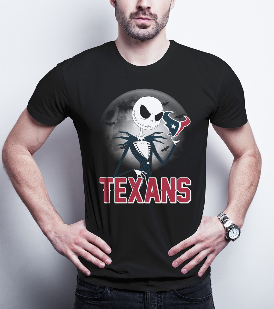 Jack Skellington Holding Houston Texans Logo With Moon And Bats T-Shirt