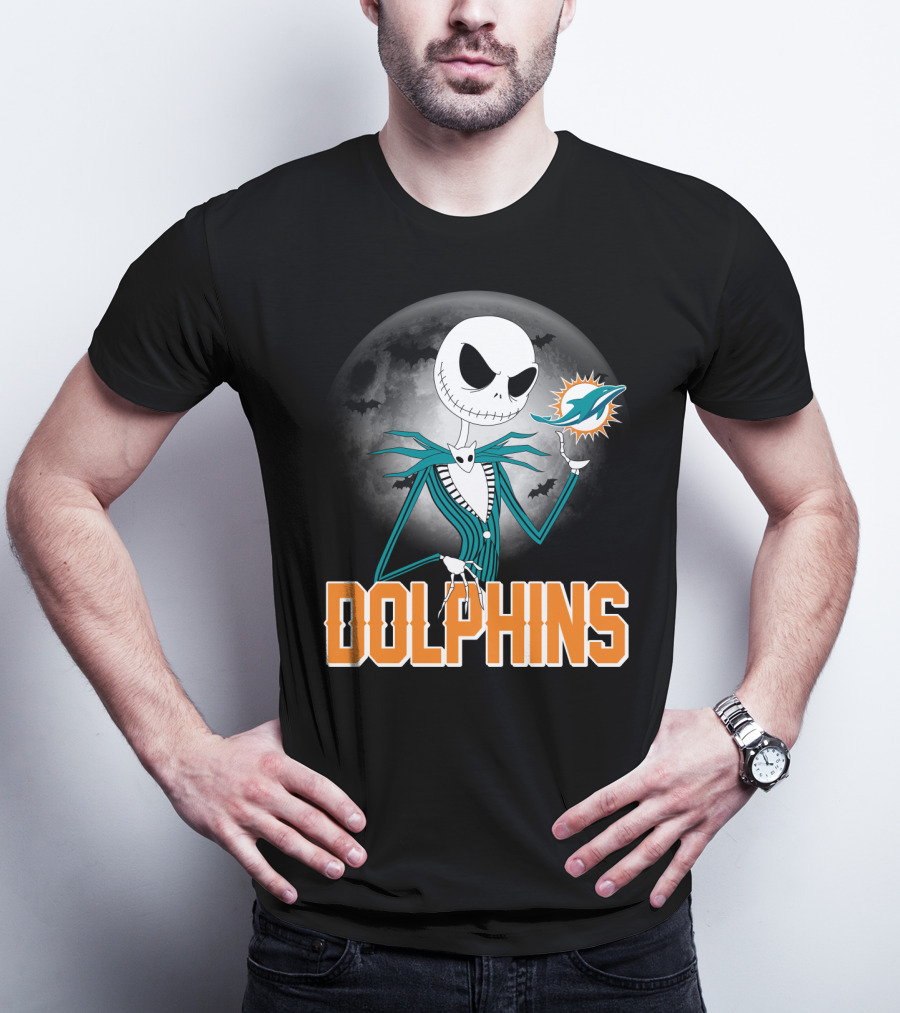 Jack Skellington Dolphins Halloween Miami Logo Moon T-Shirt
