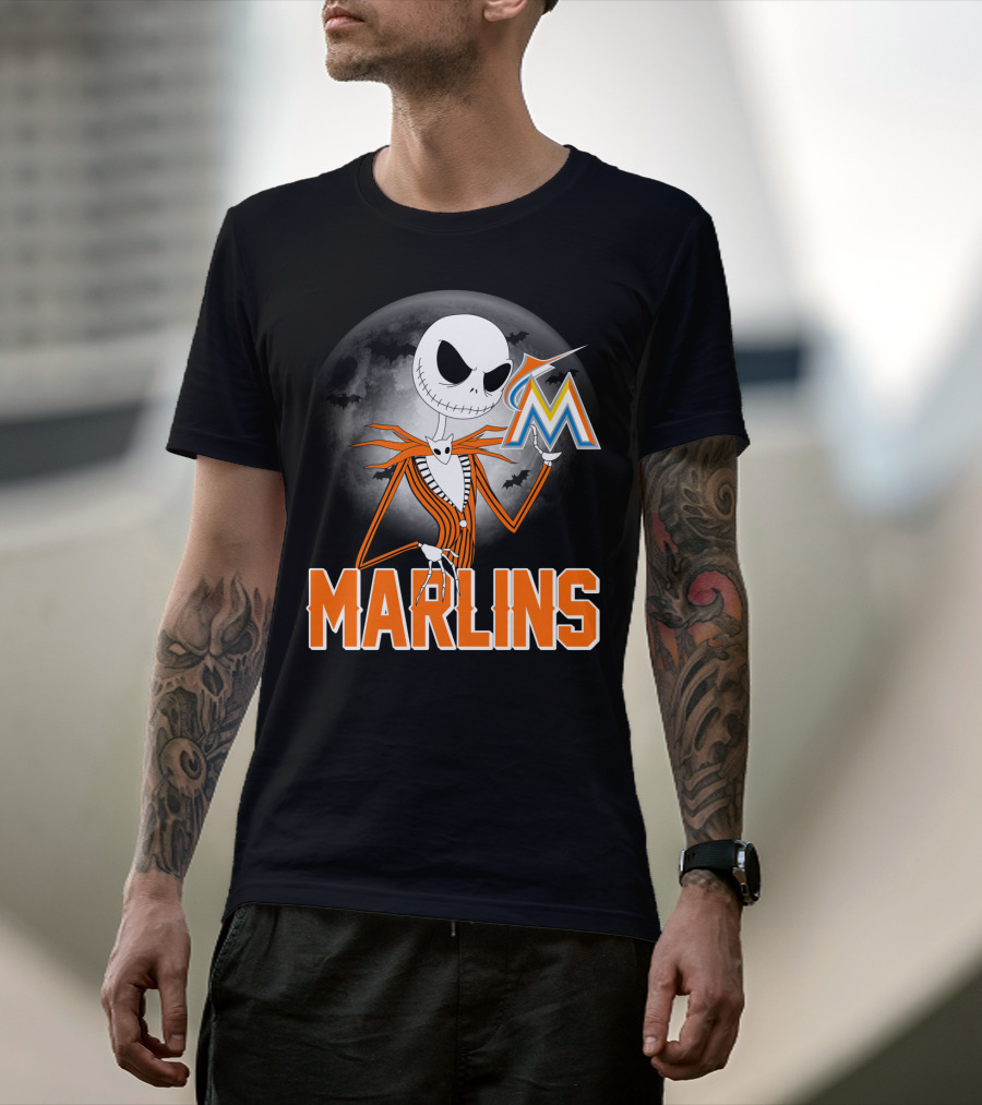 Jack Skellington Miami Marlins Halloween Moon Bat T-Shirt