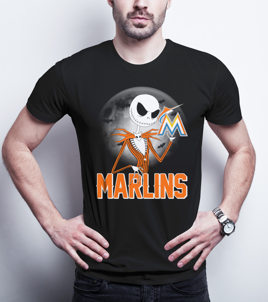 Jack Skellington Miami Marlins Halloween Moon Bat T-Shirt