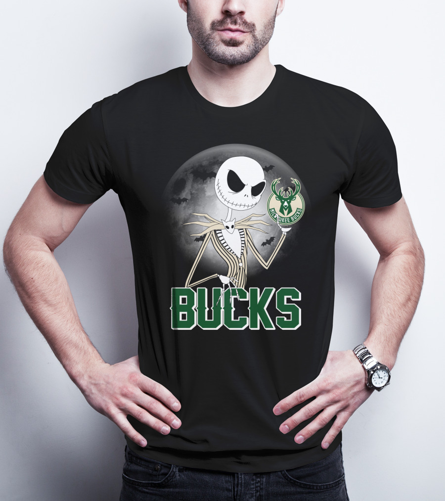 Jack Skellington Halloween Milwaukee Bucks Moon Bats T-Shirt