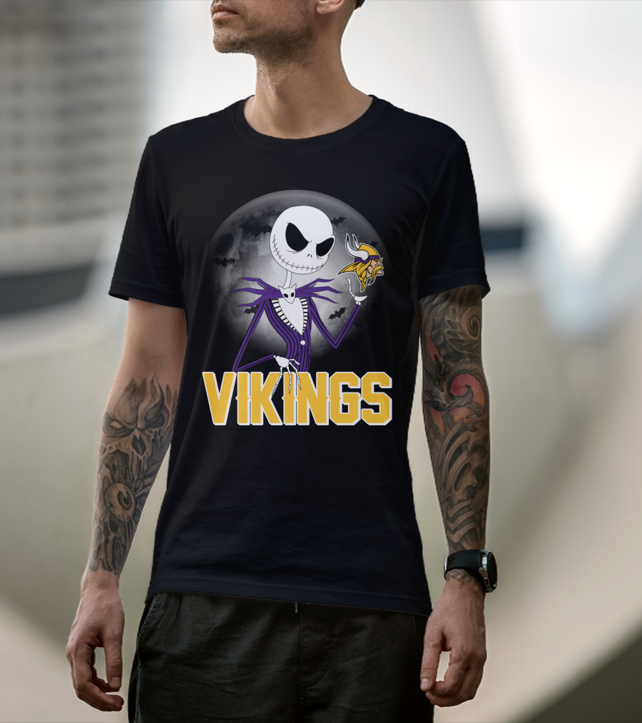 Jack Skellington Vikings Halloween Minnesota Football Theme T-Shirt