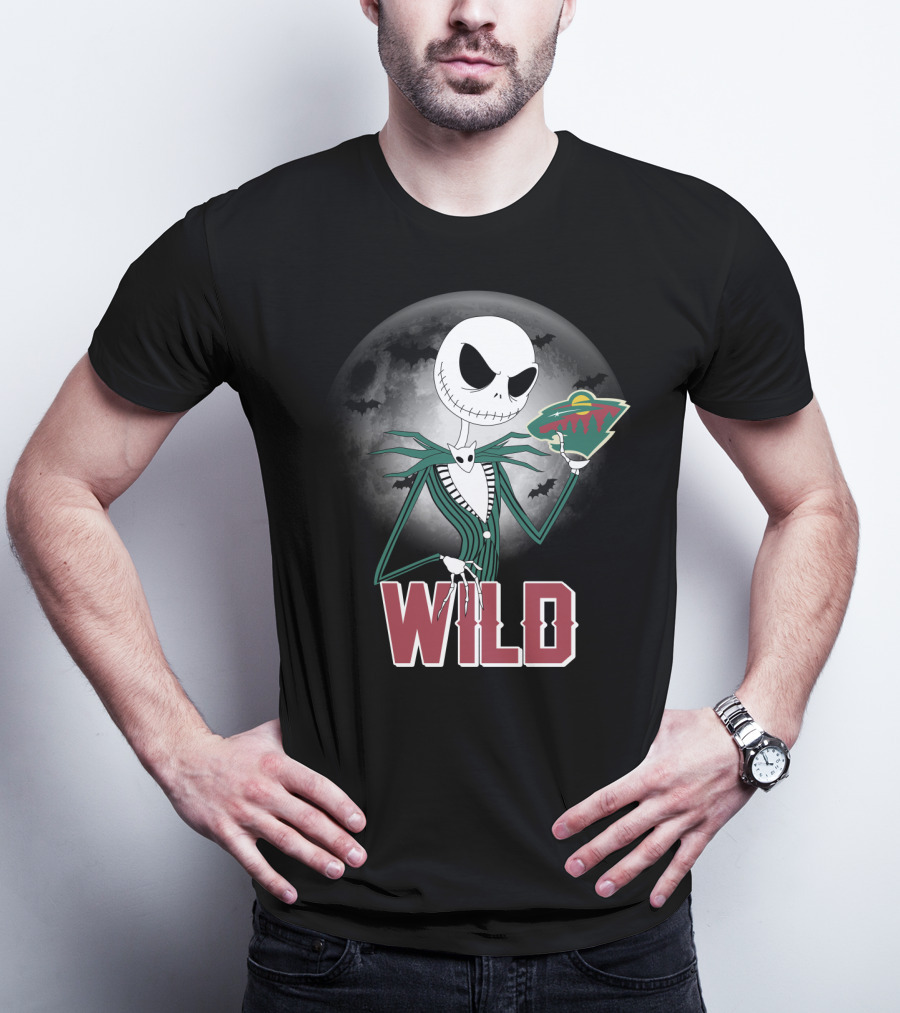 Jack Skellington Halloween Moon And Minnesota Wild Logo Spooky T-Shirt