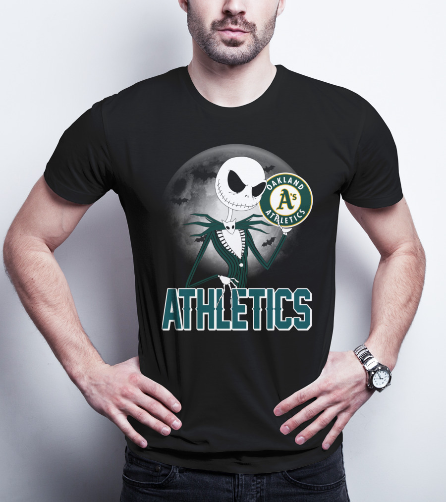 Jack Skellington Holding Oakland Athletics Logo With Halloween Moon And Bats T-Shirt