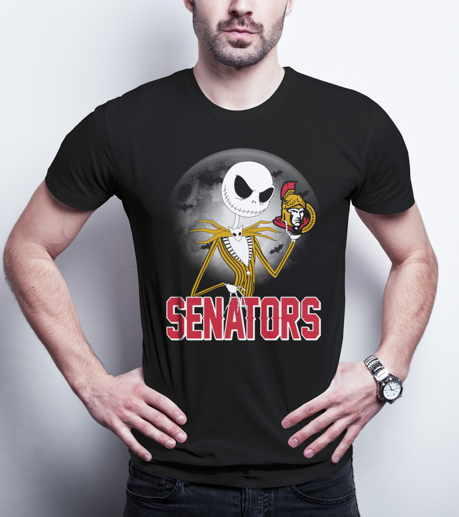 Jack Skellington Ottawa Senators Halloween Crossover With Moon And Bats Background T-Shirt