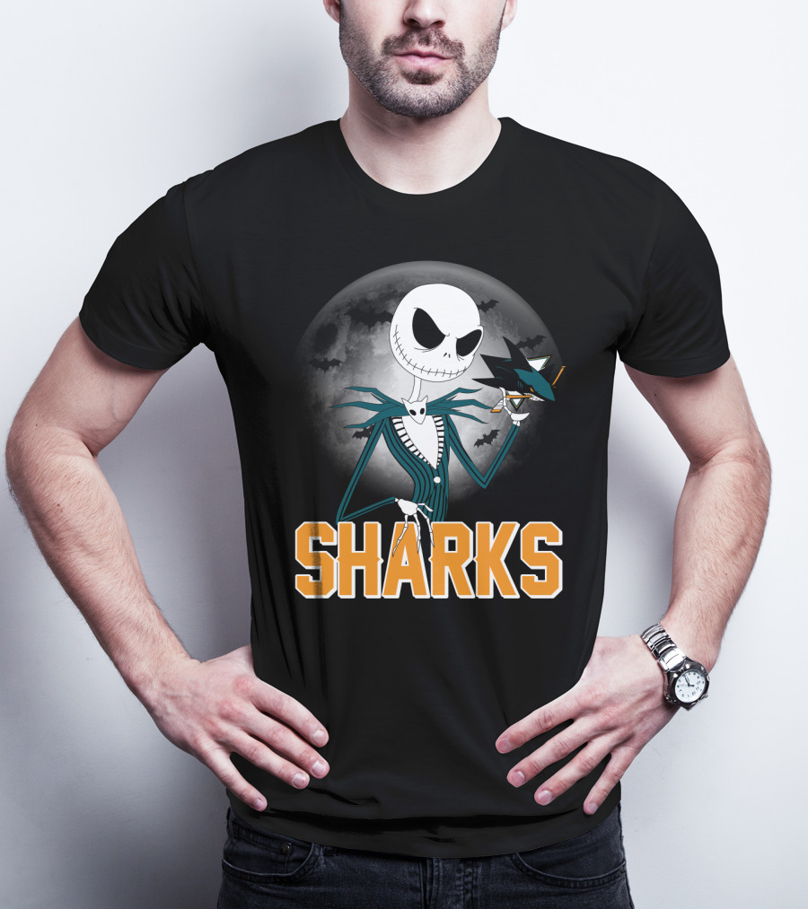 Jack Skellington San Jose Sharks Halloween Moon Background T-Shirt