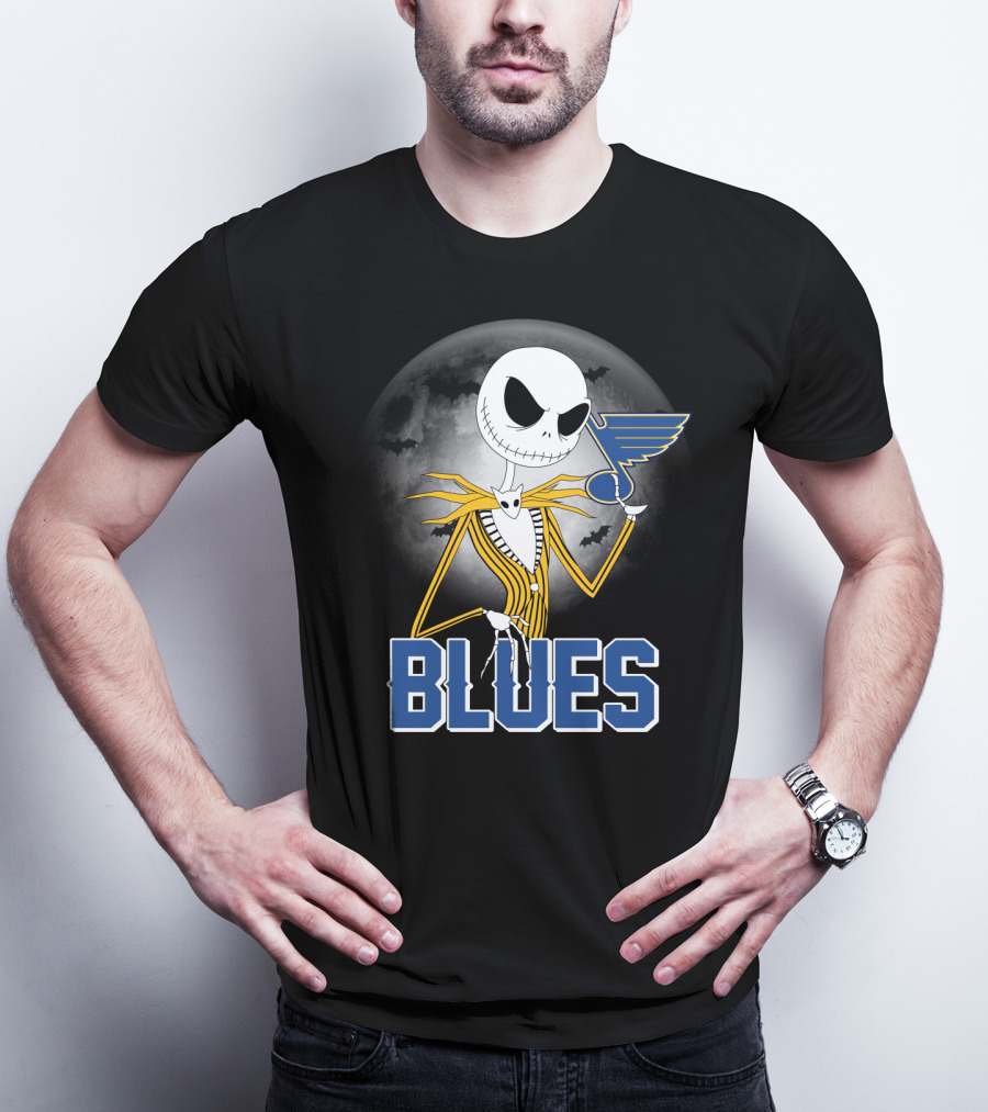 Jack Skellington Holding St. Louis Blues Logo With Halloween Moon Background T-Shirt