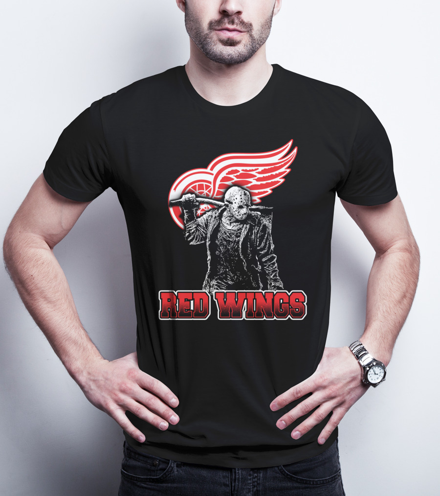 Jason Voorhees With Hockey Mask And Machete In Front Of Detroit Red Wings Logo Text Red Wings T-Shirt