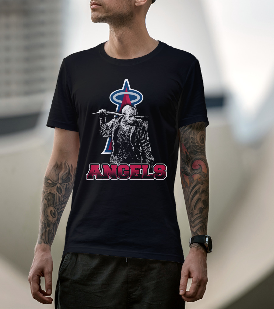 Jason Voorhees With Baseball Bat And Los Angeles Angels Logo Featuring Bold Angels Text T-Shirt
