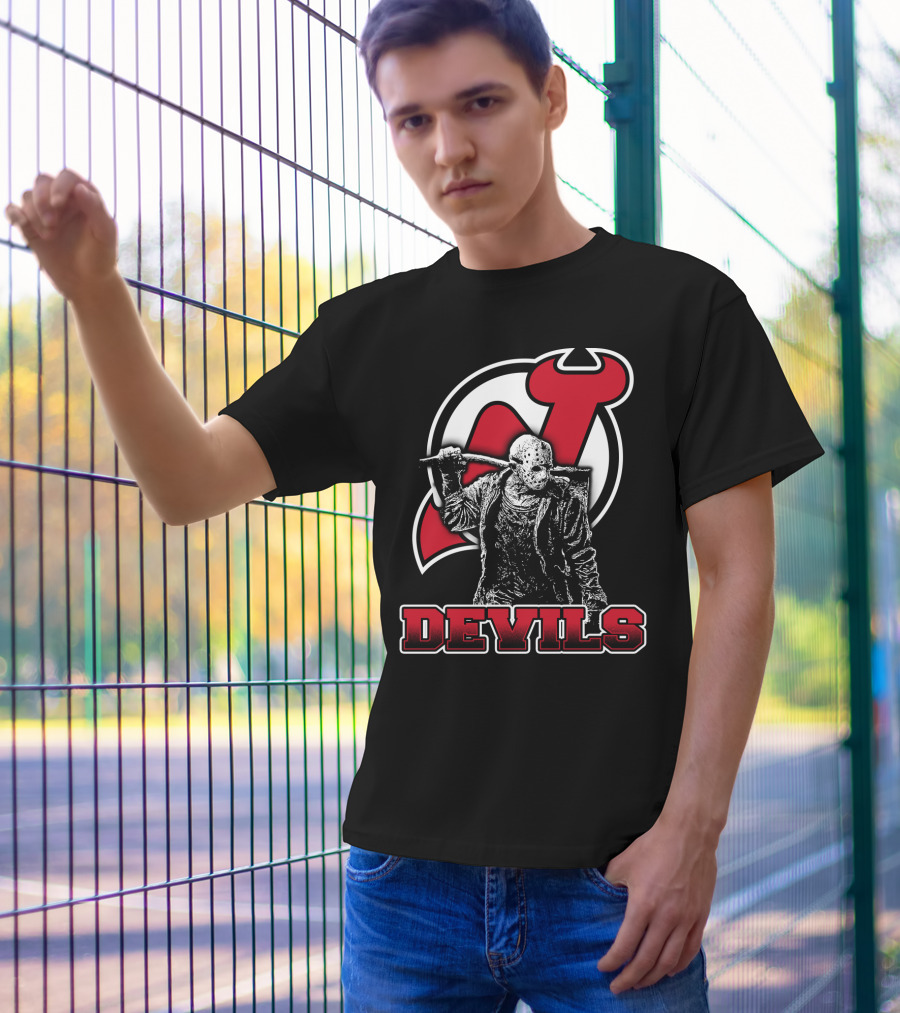 Voorhees New Jersey Devils Fan Mashup With Iconic Mask And Hockey T-Shirt