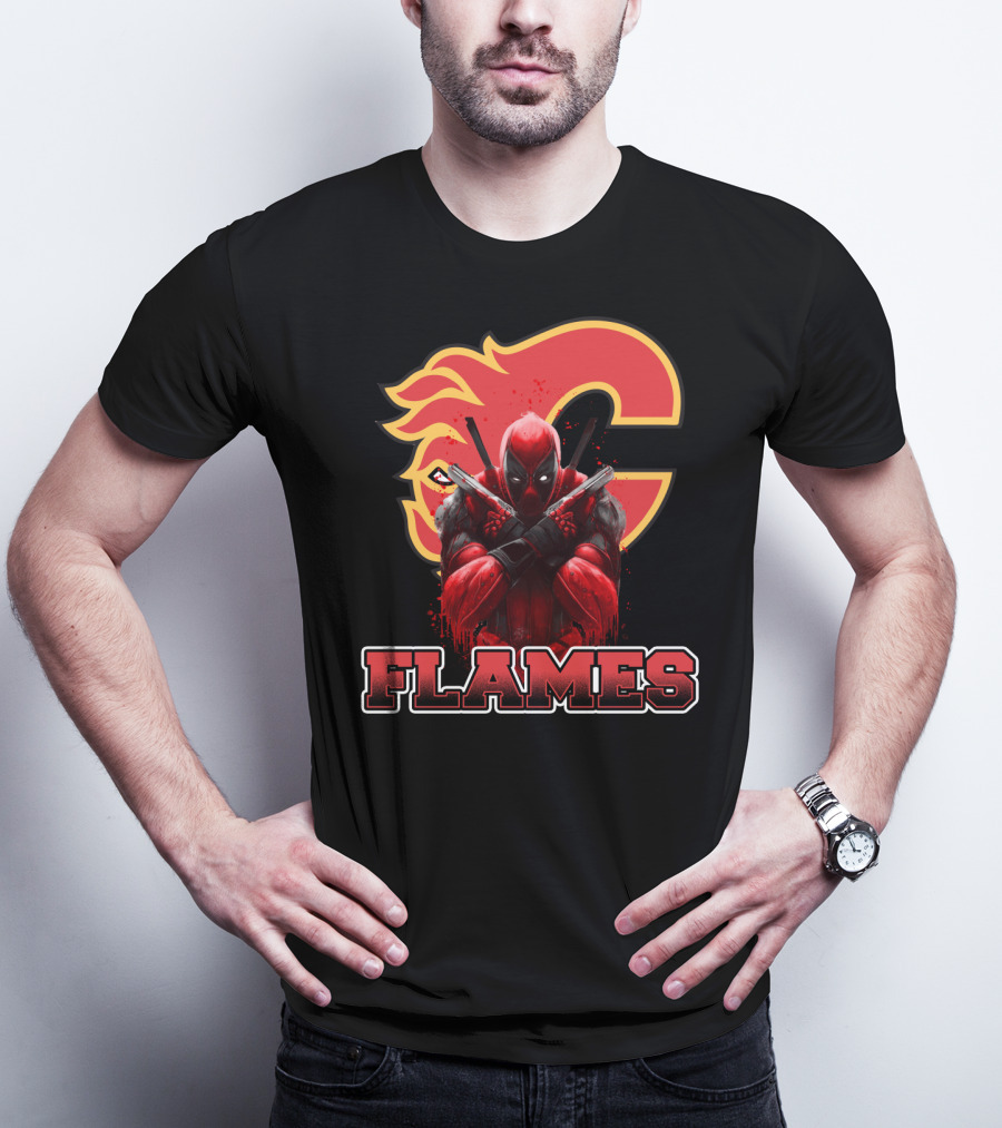 Deadpool Calgary Flames Crossover Fan Tribute T-Shirt