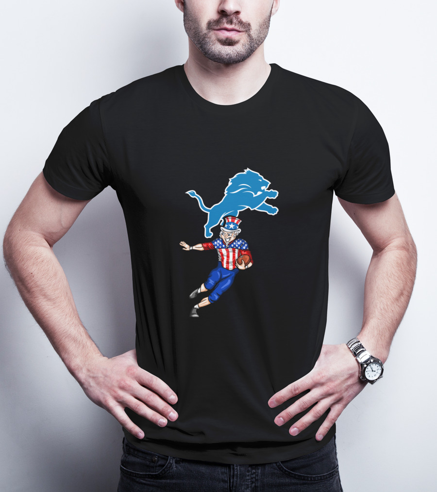 Uncle Sam Football Run With Detroit Lions For 4Th Of July Celebration T-Shirt