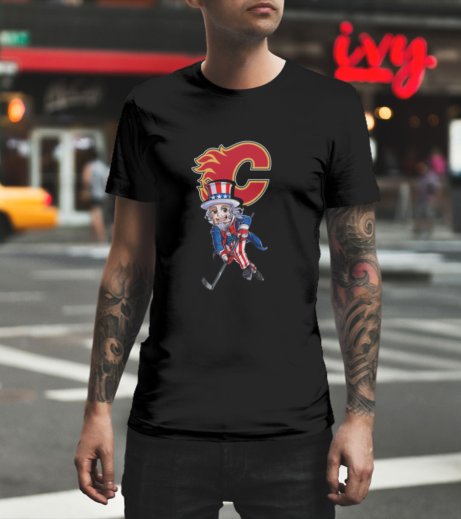 Uncle Sam Playing Hockey With Calgary Flames Emblem For 4Th Of July Celebration T-Shirt
