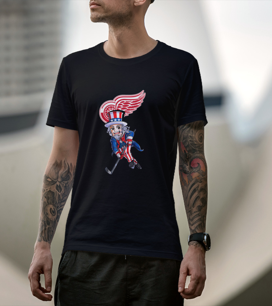 Uncle Sam Hockey With Detroit Red Wings Logo For 4Th Of July Celebration T-Shirt