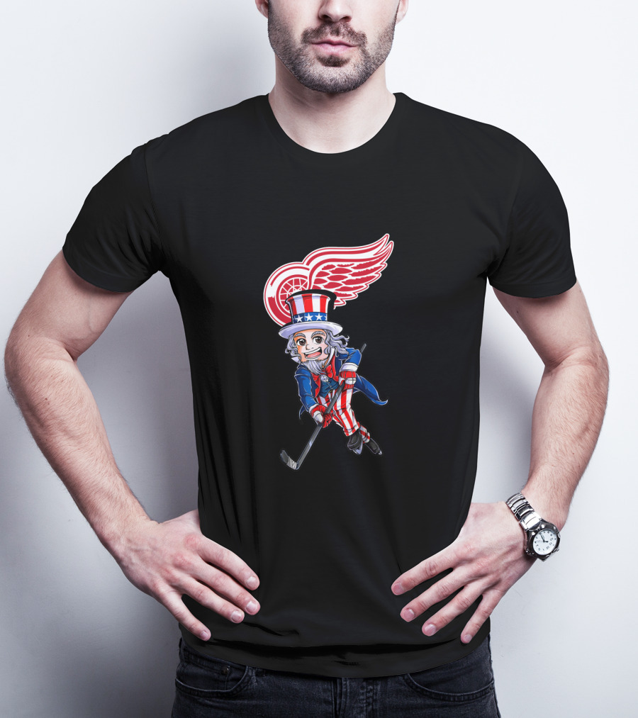Uncle Sam Hockey With Detroit Red Wings Logo For 4Th Of July Celebration T-Shirt