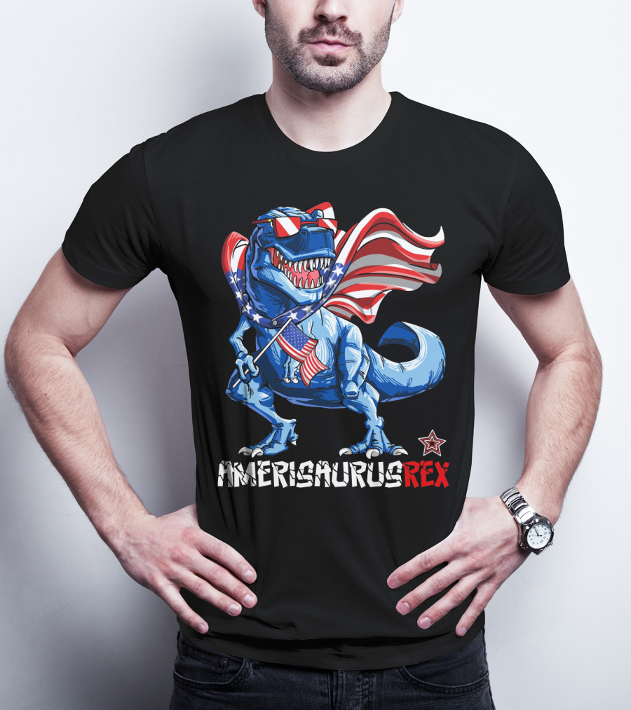 Amerisaurus Rex Dinosaur With Usa Flag And Star Sunglasses For Patriotic 4Th Of July T-Shirt