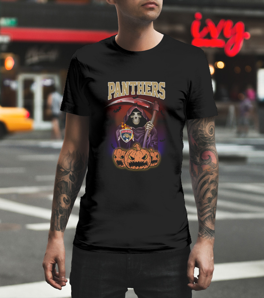 Panthers Grim Reaper Halloween Florida Hockey Logo Pumpkins Scythe T-Shirt